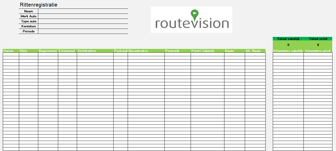 Rittenregistratie Excel | RouteVision